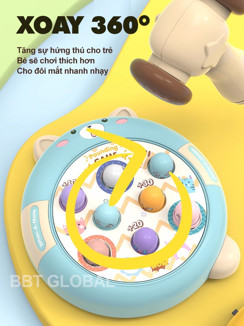 Đồ chơi đập chuột xoay 360 độ, 2 búa có đèn và nhạc 158-7C